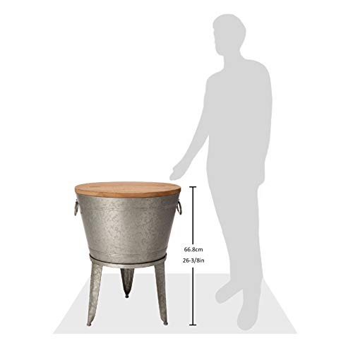 Glitzhome 26.29"H Oval Galvanized Beverage Tub with Stand, Farmhouse Metal Accent Cocktail Table Storage Bucket with Firwood Lid, 8 Gallons