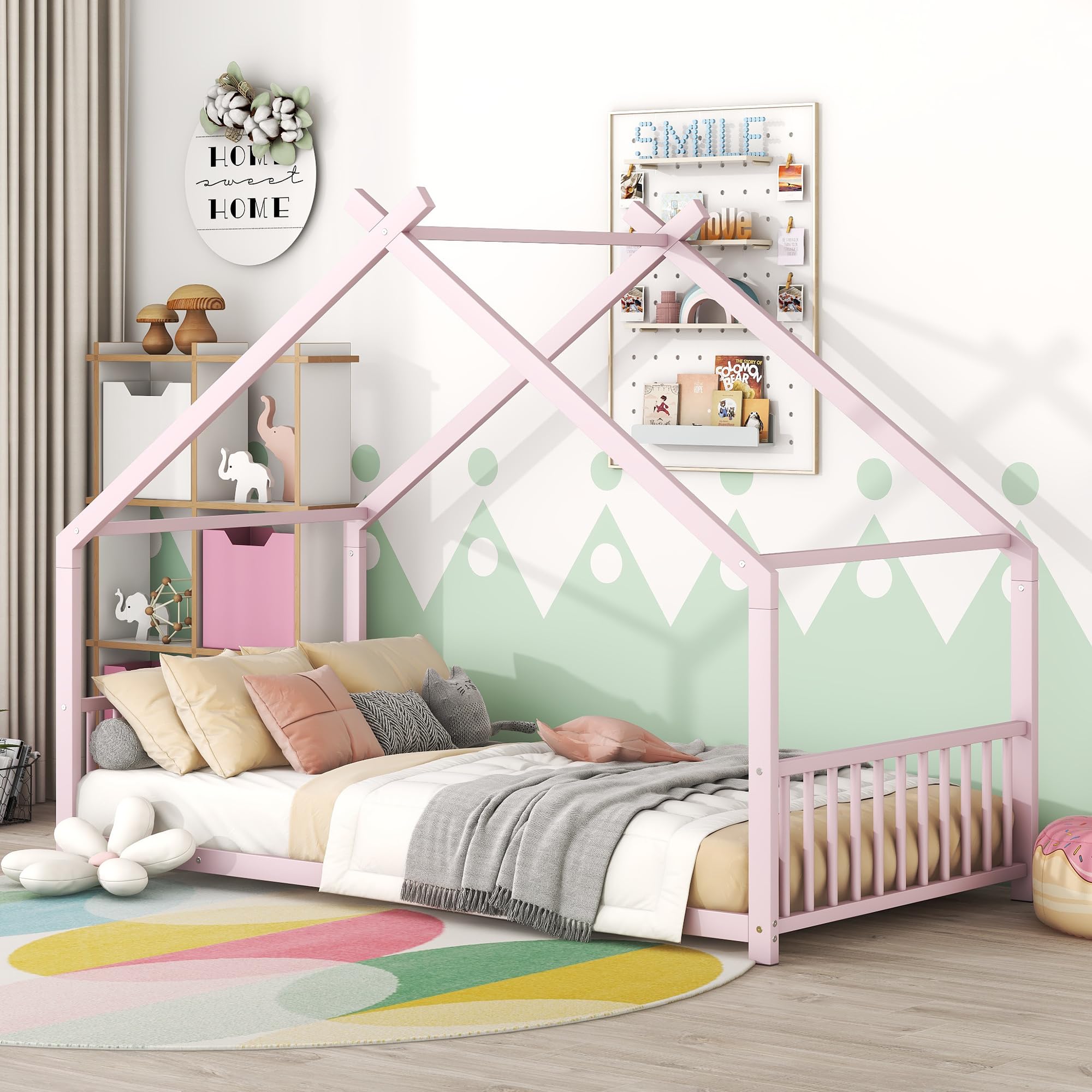 Merax Metal Montessori Bed Frame with Door and High Fence, Montessori Floor Bed Twin Size, House Floor Bed/Twin Floor Bed for Kids, Girls, Boys, Pink Montessori Bed Twin Size