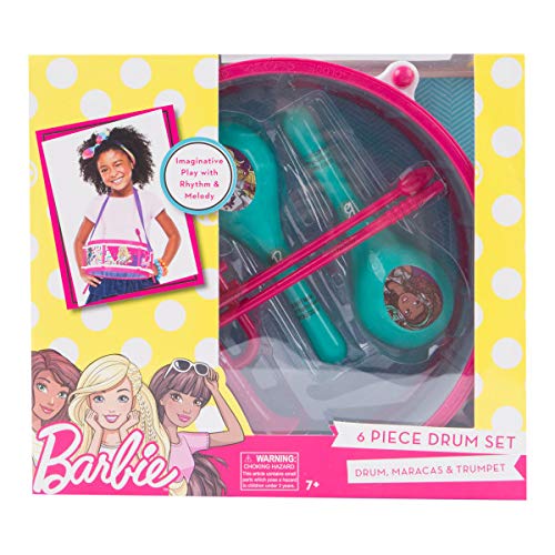 Sakar Barbie Six Piece Kids Drum Kit Musical Barbie Toys, Drum Set for Kids Music & Education, Comes with 4 Kids Instruments, 2 Drum Sticks, Bonus Toy Strap for Drums