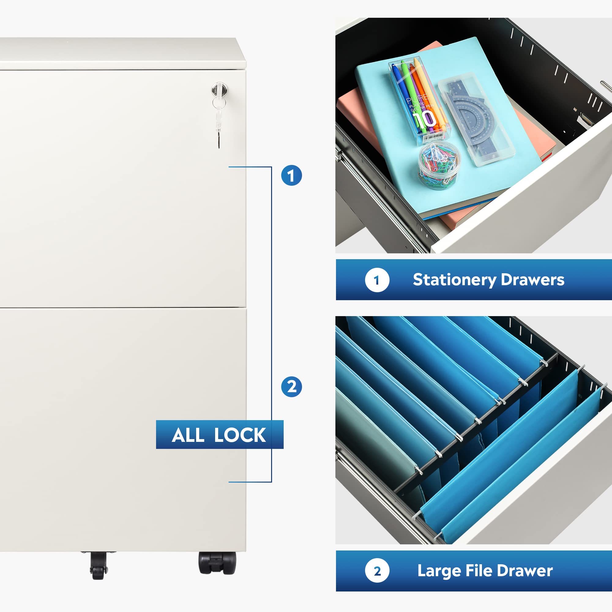 DEVAISE Vertical File Cabinet with Lock, Mobile Filing Cabinet for Legal/Letter/A4 Files, Fully Assembled Except Wheels, White
