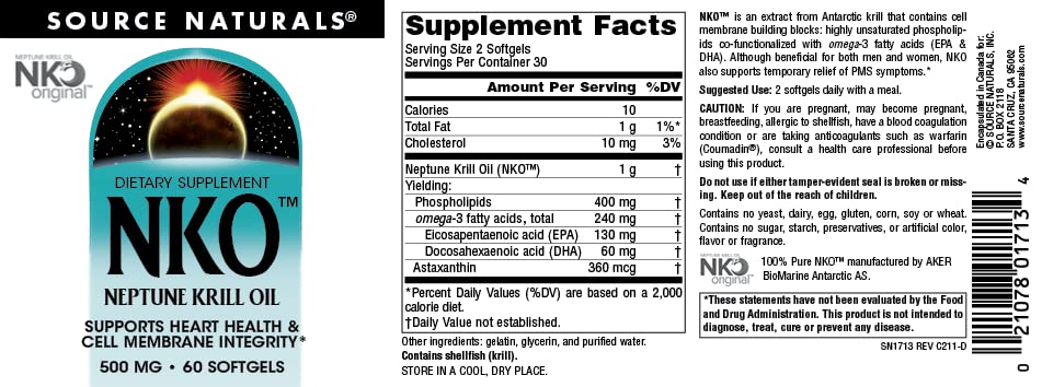 Source Naturals NKO Neptune Krill Oil, Supports Heart Health & Cell Membrane Integrity* 500 Mg - 60 Softgels