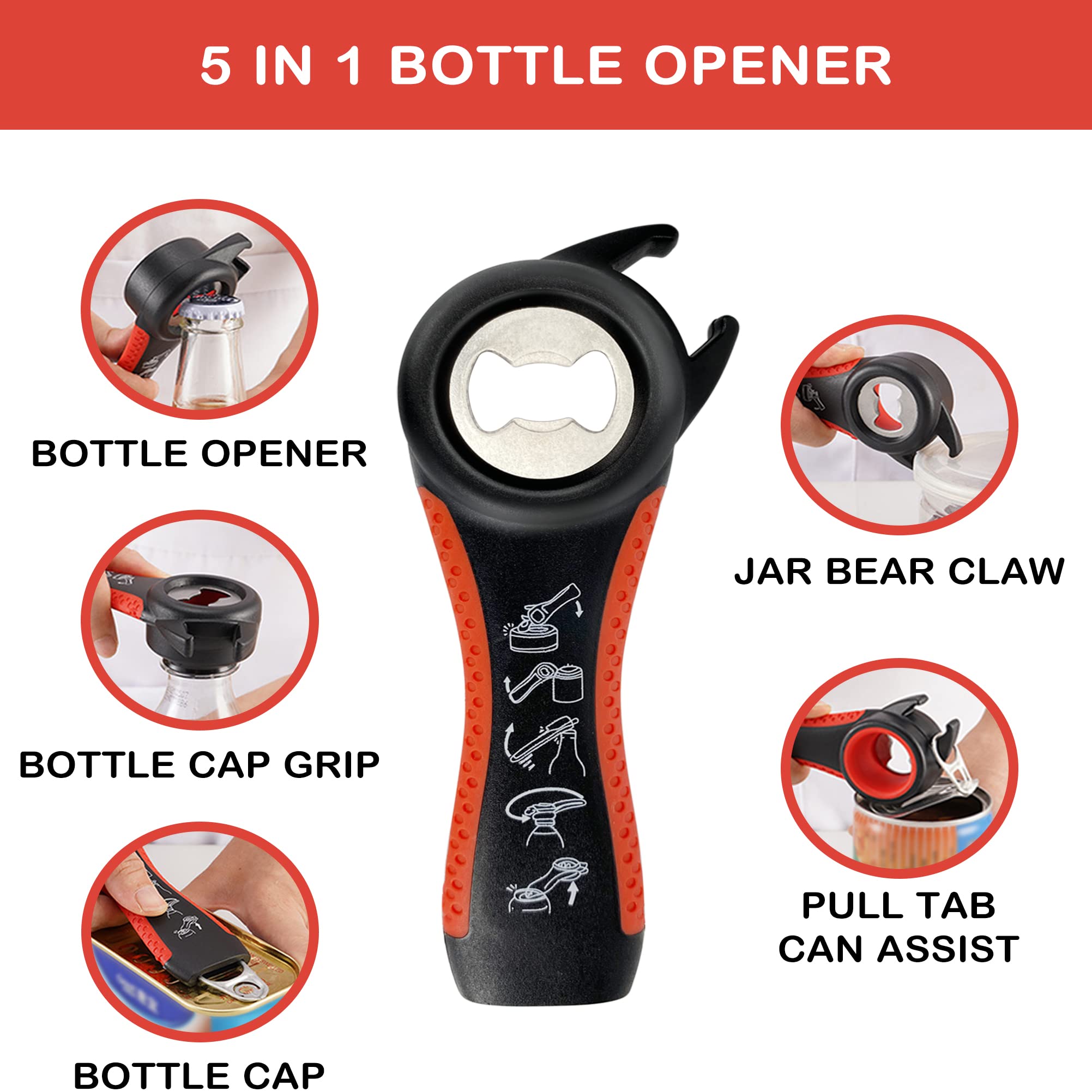 Jar Opener for Weak Hands, Easy Twist Jar Opener For Seniors with Arthritis, 5 in 1 Multi Function Bottle Opener Lid Opener For Arthritic Hands with Non Slip Rubber Jar Gripper Pad (Red)
