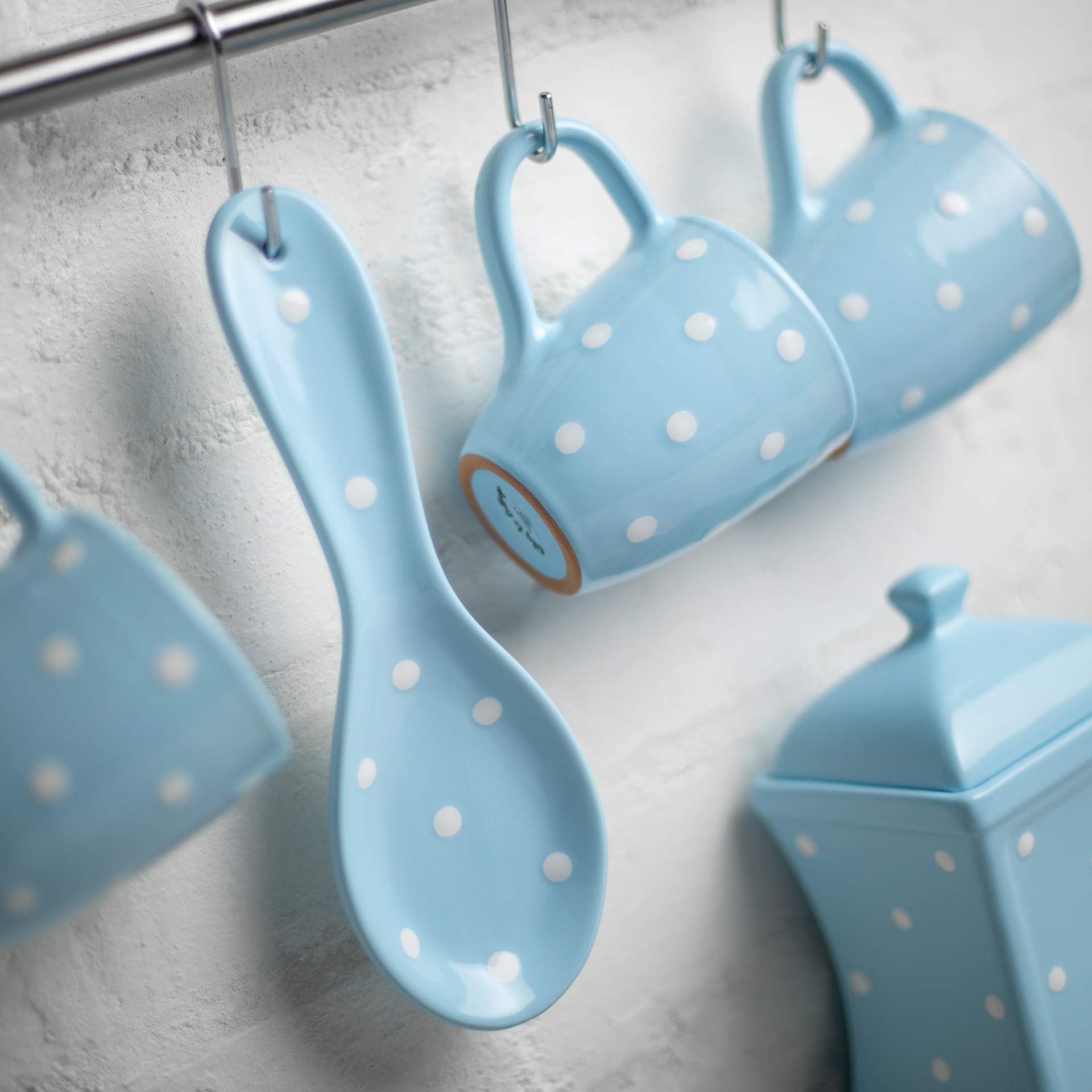 Handmade Light Sky Blue and White Polka Dot Ceramic Kitchen Cooking Spoon Rest | Pottery Utensil Holder | Housewarming Gift by City to CottageĀ®