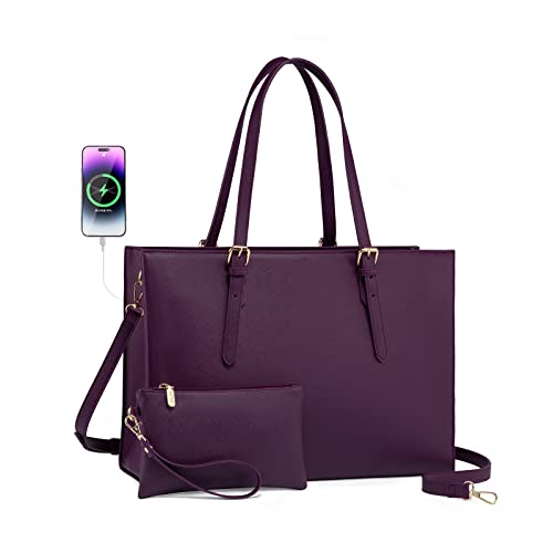LOVEVOOK 15.6 Inch Laptop Bag for women, Large Waterproof PU Leather Work Briefcase with USB Charging Port Casual Computer Shoulder Bag Messenger, Fashion Business Office Tote Handbag Purse, Purple