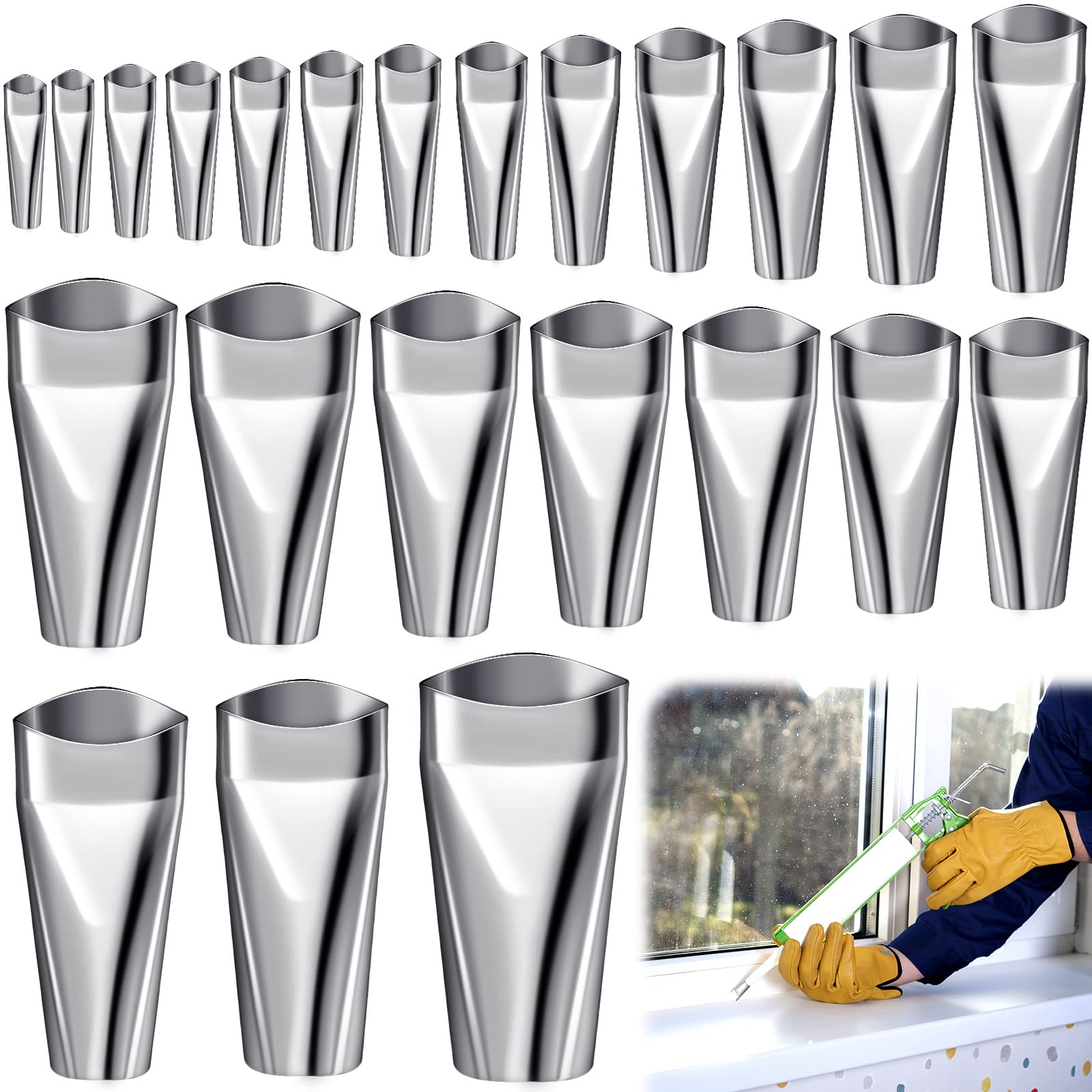 Hotop 23 Pieces Caulking Finisher Kit Caulk Nozzle Applicator Stainless Steel Sealant Finishing Tool Caulk Nozzle Finisher Kit for Kitchen Bathroom Window, 23 Sizes