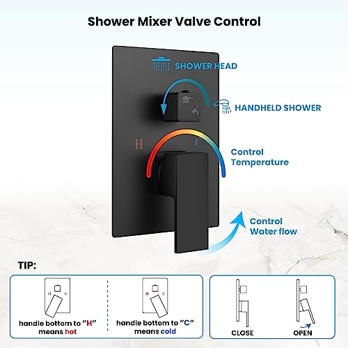 gotonovo Ceiling Mount Shower Faucet Set Matte Black 12 Inch Square Showerhead Bathroom Rainfall Shower System Stainless Steel Shower Trim Kit 2 in 1 Cylindrical Handheld shower with Rough-in Valve