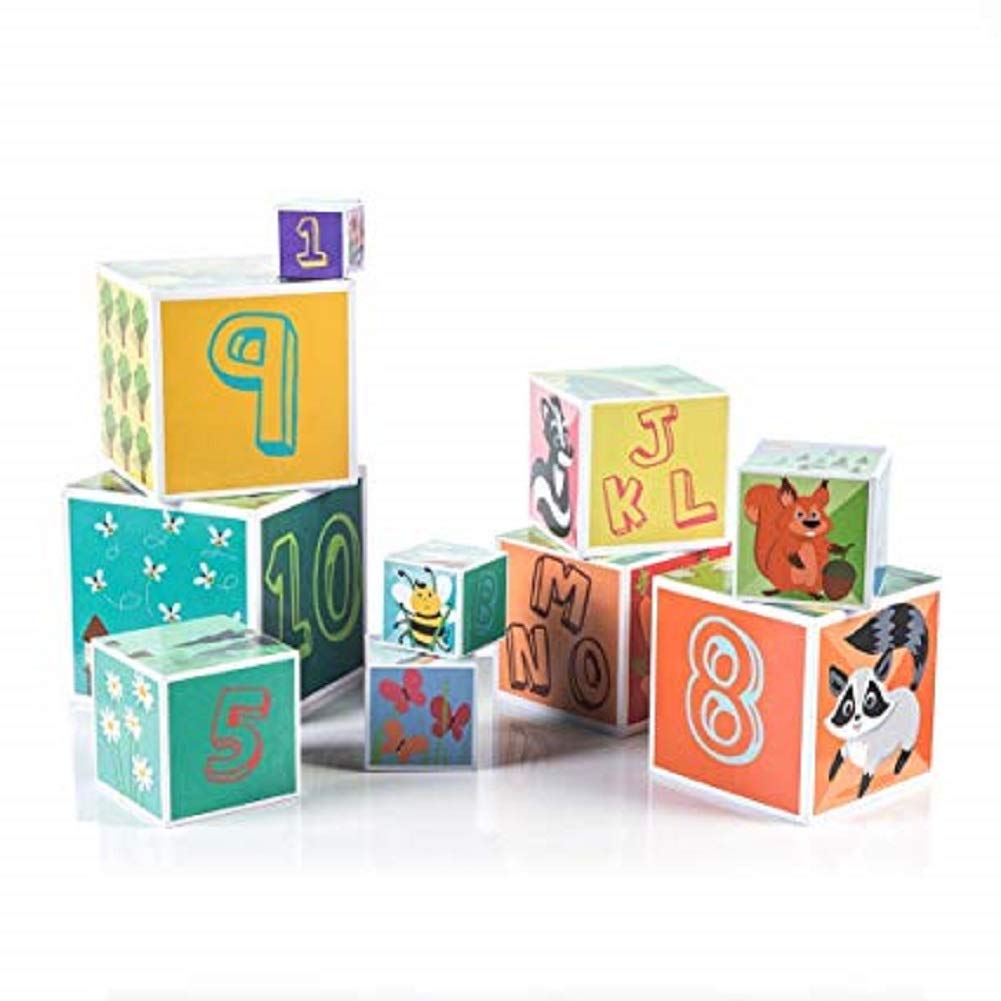 CRUISTORE Cardboard Nesting and Stacking Blocks Set | 10 Pcs of Blocks with Animal、Plant、Numbers、Letters | Development Stacking Games for Kids Toddlers