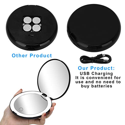 deweisn Folding Compact Rechargeable Lighted Makeup Mirror for Travel, Purse and Handbags1X and 10X Magnifying Handheld Makeup Mirror Diameter 5”x Thick 0.33" Double Side Mirror