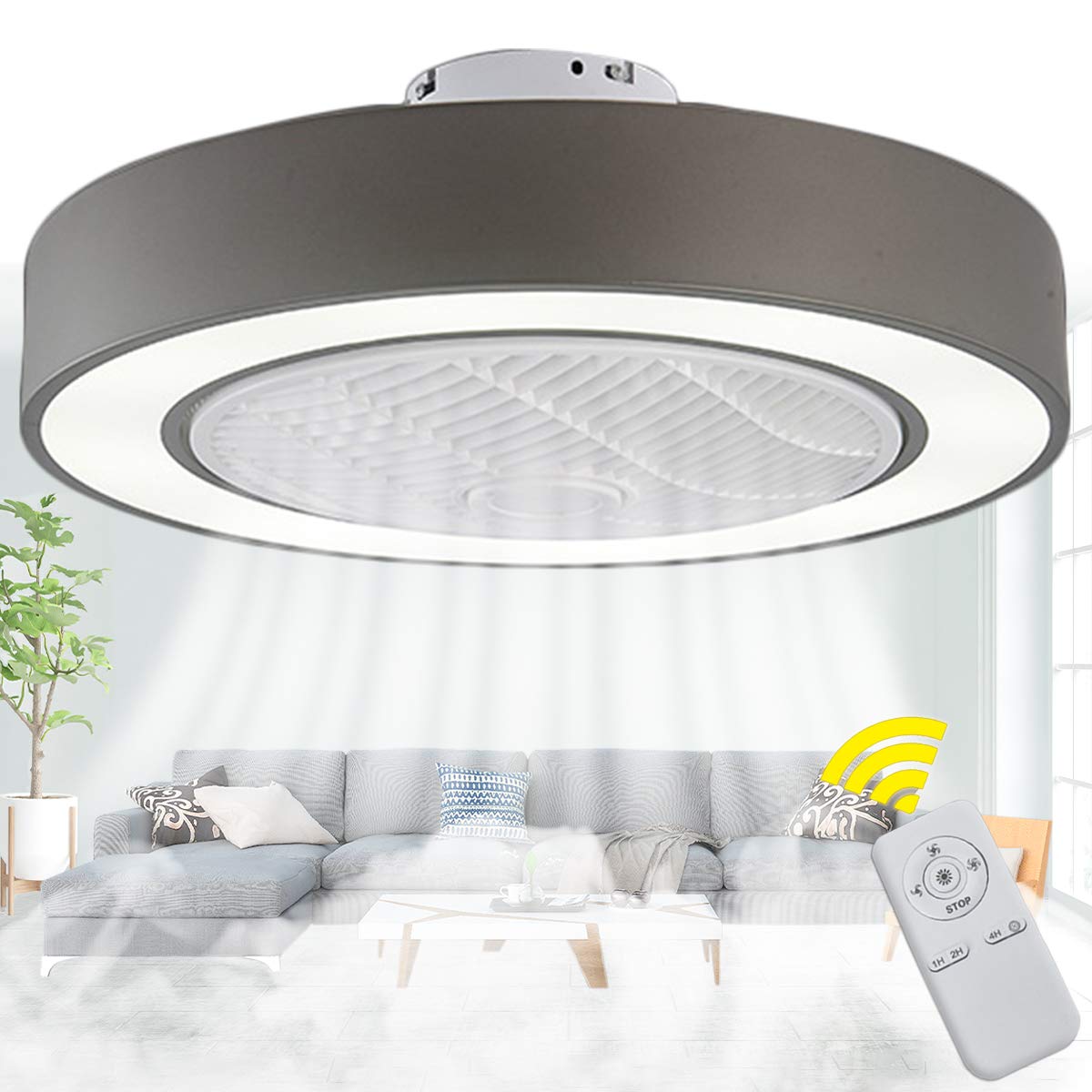 DMXM Ceiling Fan with Light, 20 inches LED Remote Control 3-Color Lighting Modes Invisible Acrylic Blades Metal Shell Semi Flush Mount Low Profile Fan Gray…