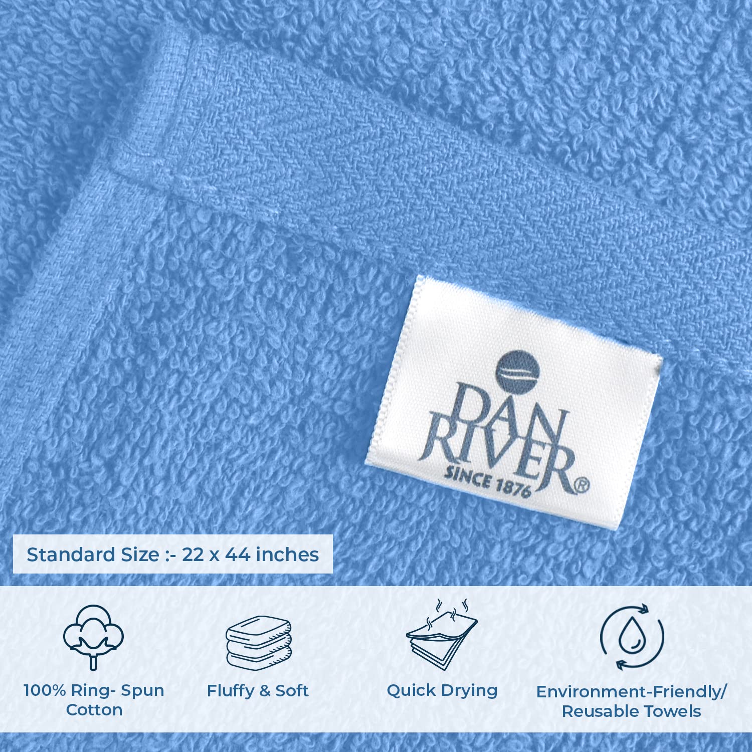 DAN RIVER 100% Cotton Economy Bath Towels Set Pack of 6| Super Absorbent Quick Drying Hotel Quality Towels for Home, Gym, Spa & Daily Use | Medium Blue, 22โx44โ, 400 GSM