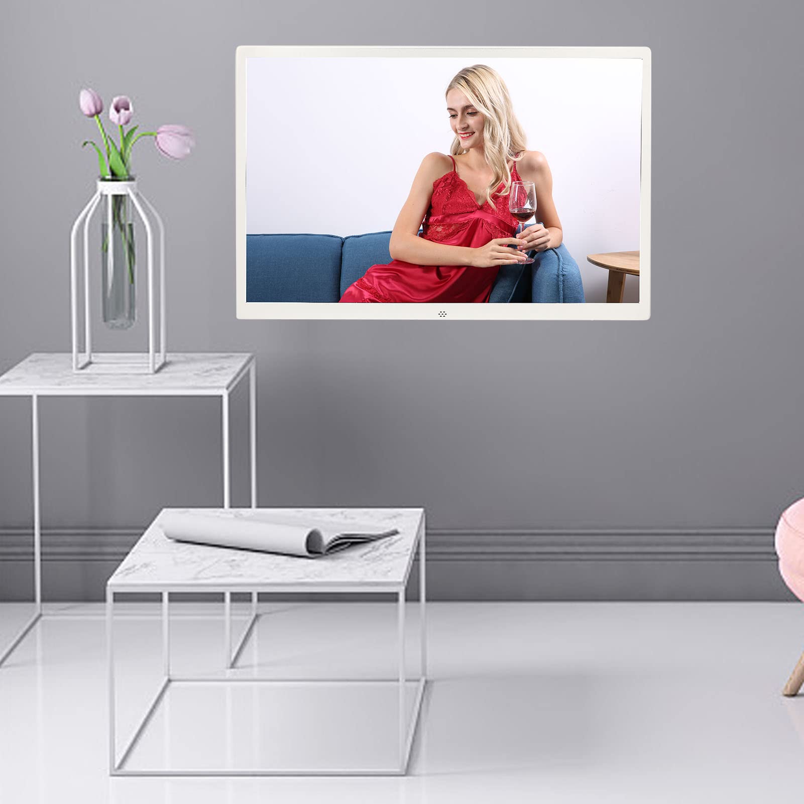 Digital Photo Frame, Multifunctional Aluminum Alloy 17 Inch Large Screen 1080P Electronic Photo Frame for Music (US Plug)
