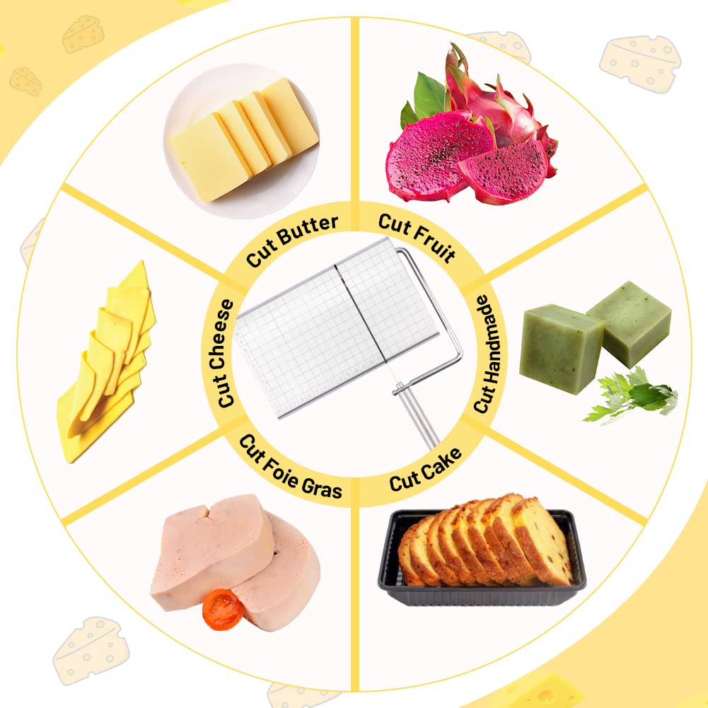 EYYVRE Cheese Slicers for Block Cheese Heavy Duty, Stainless Steel Cheese Slicer & Cheese Cutter with 10 Replacement Wires, Cheese Butter Cutter Board with Accurate Size Scale for Baking