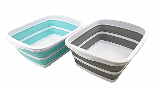 SAMMART 10L (2.6 Gallon) Set of 2 Collapsible Tub-Foldable Dish Tub-Portable Washing Basin-Space Saving Plastic Washtub (Grey + Sage Green)