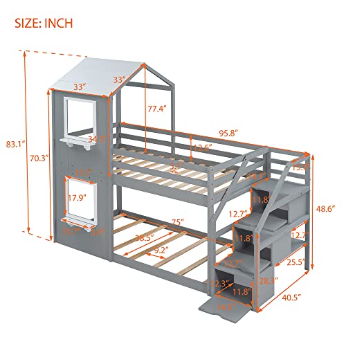 LOVMOR Twin Over Twin Bunk Bed with Storage Stairs,Wood Bed with Roof, Window, Guardrail, Ladder,Gray+White