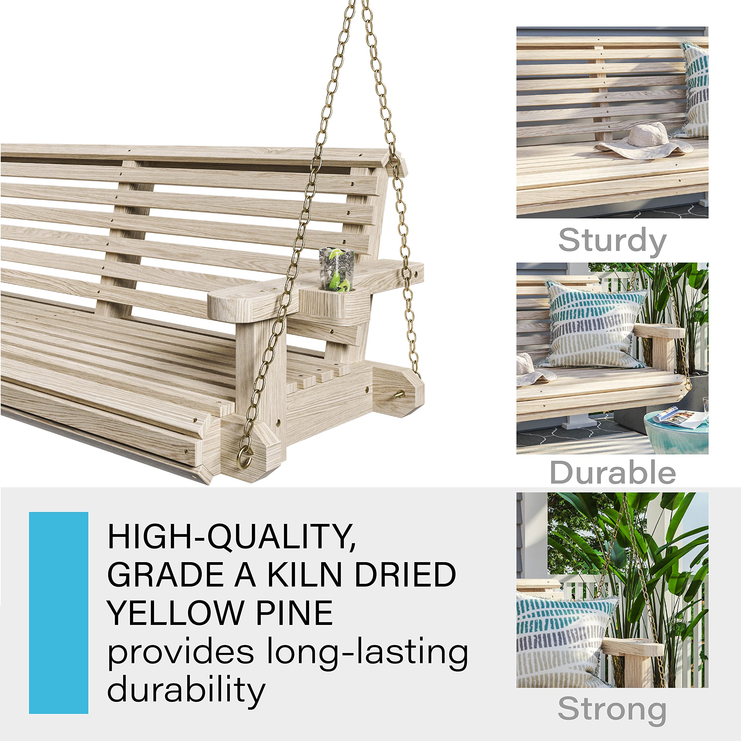 Porchgate Amish Heavy Duty 800 Lb Roll Comfort Treated Porch Swing W/Chains (5 Foot, Unfinished)