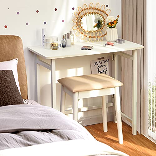COSTWAY Folding Computer Desk, Simple Modern Writing Desk for Small Space, Space Saving Compact PC Laptop Study Workstation for Home Office, Easy Assembly, White