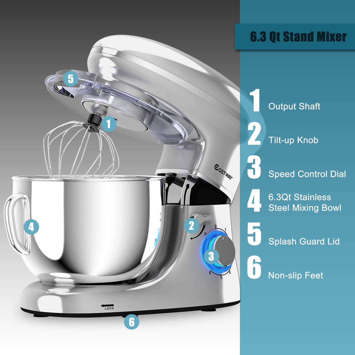 COSTWAY Stand Mixer, 660W Electric Kitchen Food Mixer with 6-Speed Control, 6.3-Quart Stainless Steel Bowl, Dough Hook, Beater, Whisk (Silver-update)