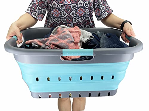 SAMMART 41L (10.8 Gallon) Collapsible Plastic Laundry Basket - Foldable Pop Up Storage Container/Organizer - Portable Washing Tub - Space Saving Hamper/Basket (Grey/Crystal Blue)