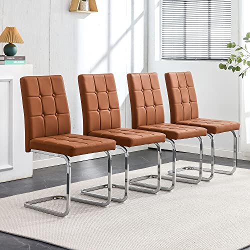 JUFU Modern Dining Chairs Set of 4,Upholstered PU Leather Kitchen Dining Room Chair with Inset Buttons C-Shaped Tube Plating Metal Legs ,for Dining Room Office Living Room Lounge Dresser Patio Club