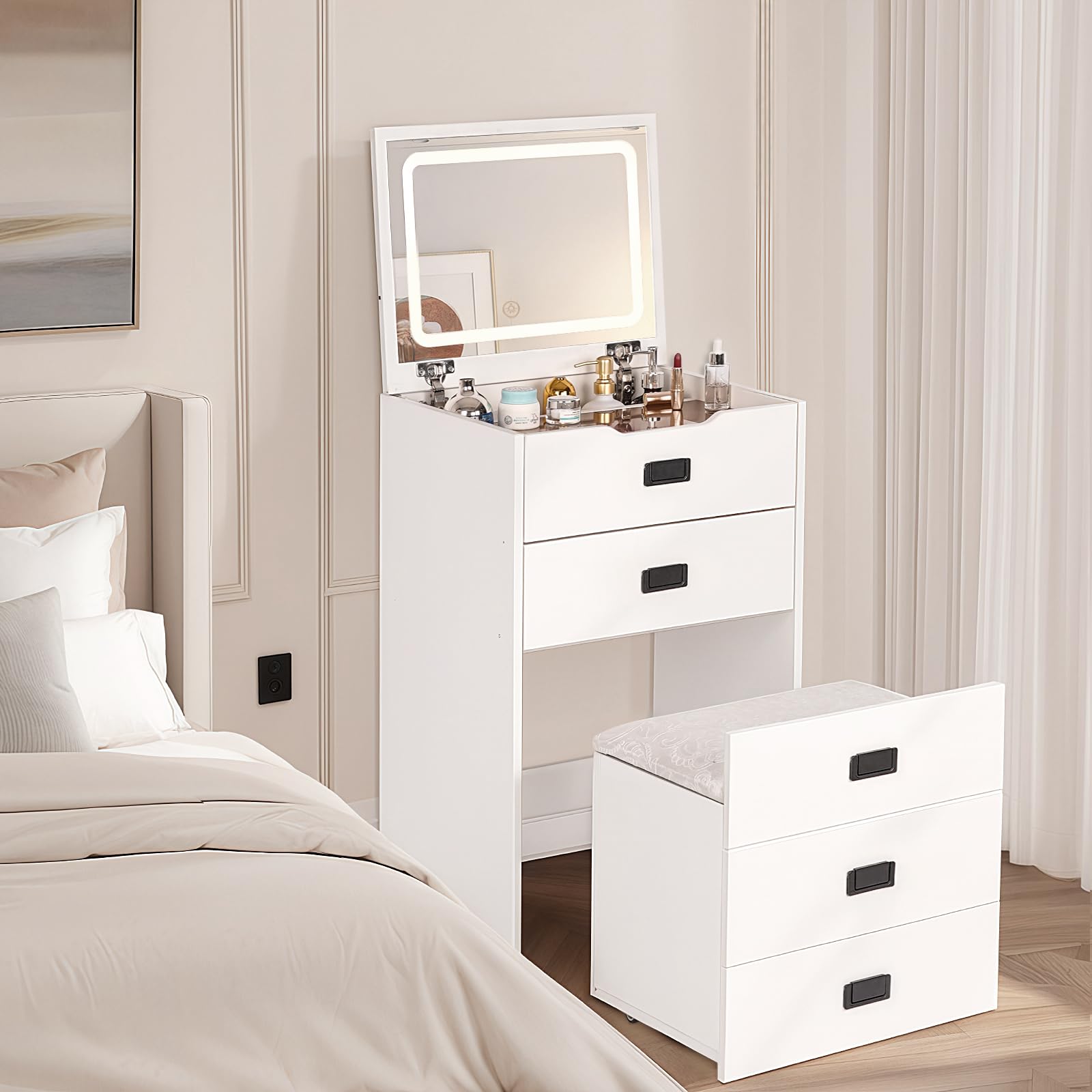 HVCBOSS 3 in 1 Vanity Desk with Plip Top Mirror, LED Light Small Make Up Vanity Set with Visible Glass Desktop, Compact Makeup Vanity with 4 Drawers, Dressing Table for Bedroom, White