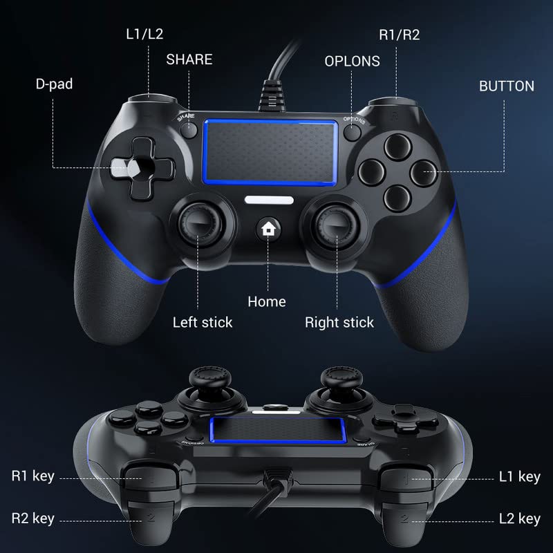 EFFUN Wired Gaming Controller for PS4, Remote Control for Sony Playstation 4 Pro Slim PC, Double Shock Analog Joysticks, Plug and Play, 6.9 ft Cable, Slip-Proof Grip, Black/Blue, Gifts for Men
