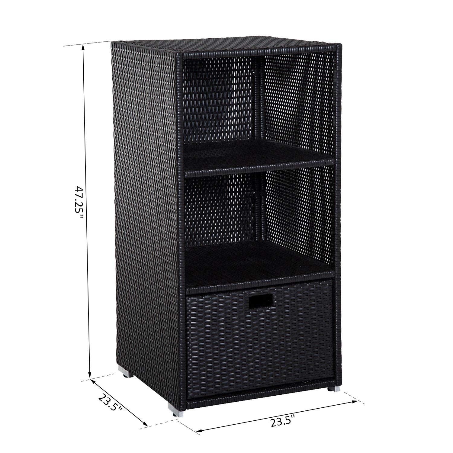 PE Rattan Wicker Outdoor Pool Towel Water Bottles Robes Valet Stand Organizer Rack Storage Cabinet 2 Upper Storage Shelves 1 Bottom Drawer for Storing Creams Lotions and Sunscreen