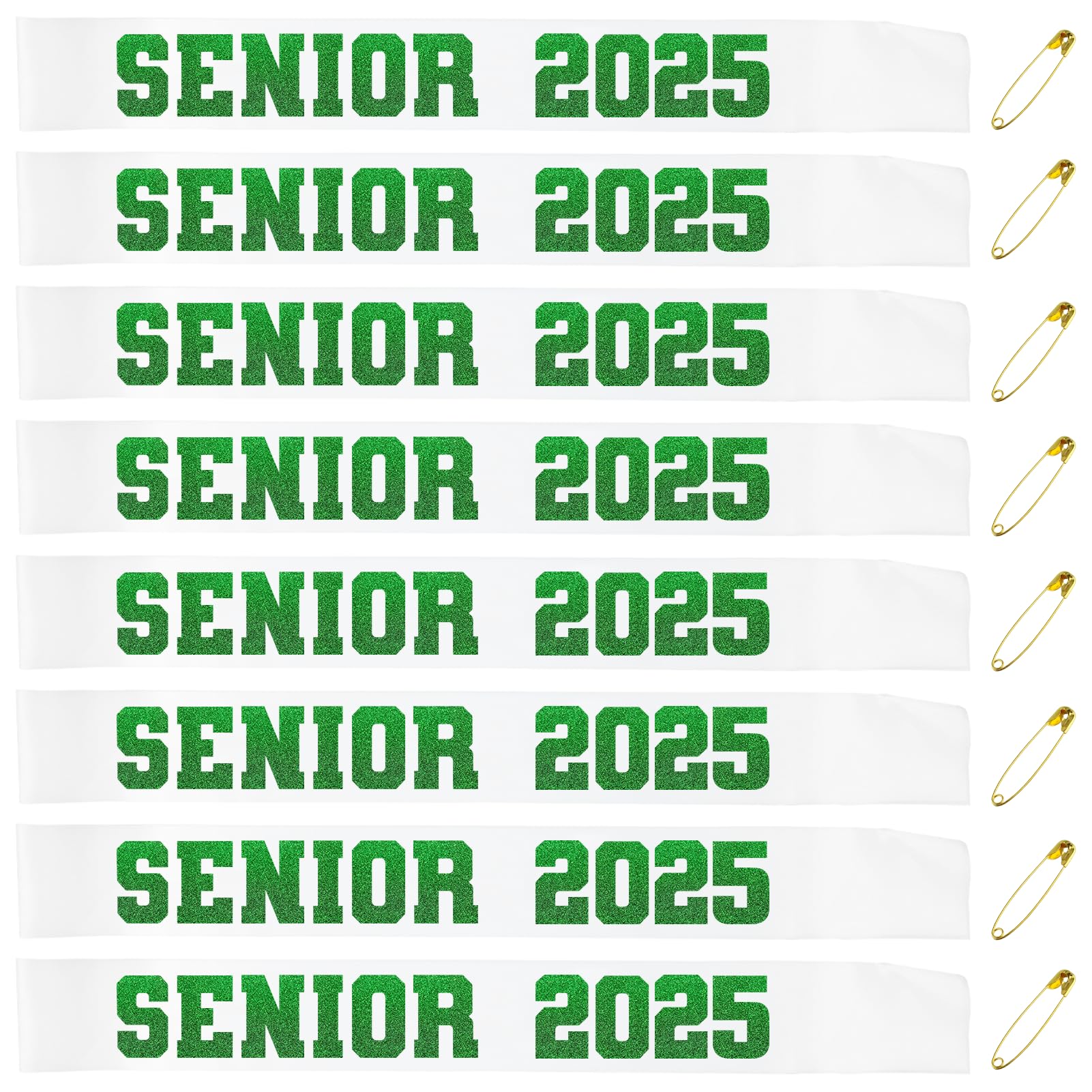 Generic 8 Pcs White Senior 2025 Sashes with Green Glitter Letters - Graduation Celebration sash, Senior Sashes Class of 2025, Senior Cheer Sash, Class Competition Sashes, Graduation Party Supplies