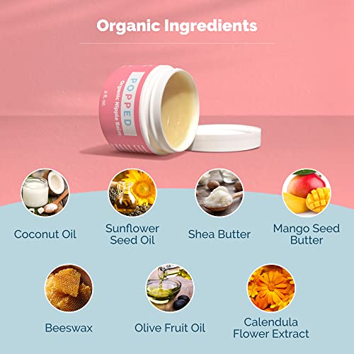 Popped Organic Nipple Butter | Moisturizing Nipple Cream for Sore, Dry, and Cracked Nipples | Postpartum Essential Balm for Breastfeeding, Nursing (2 fl oz)