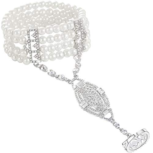 Coucoland 1920s Flapper Bracelet Ring Set Roaring 20s The Great Gatsby Austrian Crystals Imitation Pearl Bracelet Accessory (Silver)