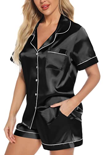 Samring Womens Silk Satin Pajamas Short Sleeve Loungewear Two-Piece Sleepwear Button-Down Pj Set Black L