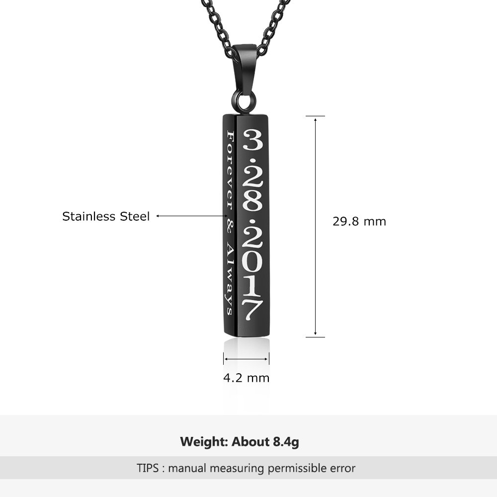 diamondidde Personalized Custom Message Names Pendant Necklace Unisex Stainless Steel Vertical Cuboid Bar Necklace (Black)