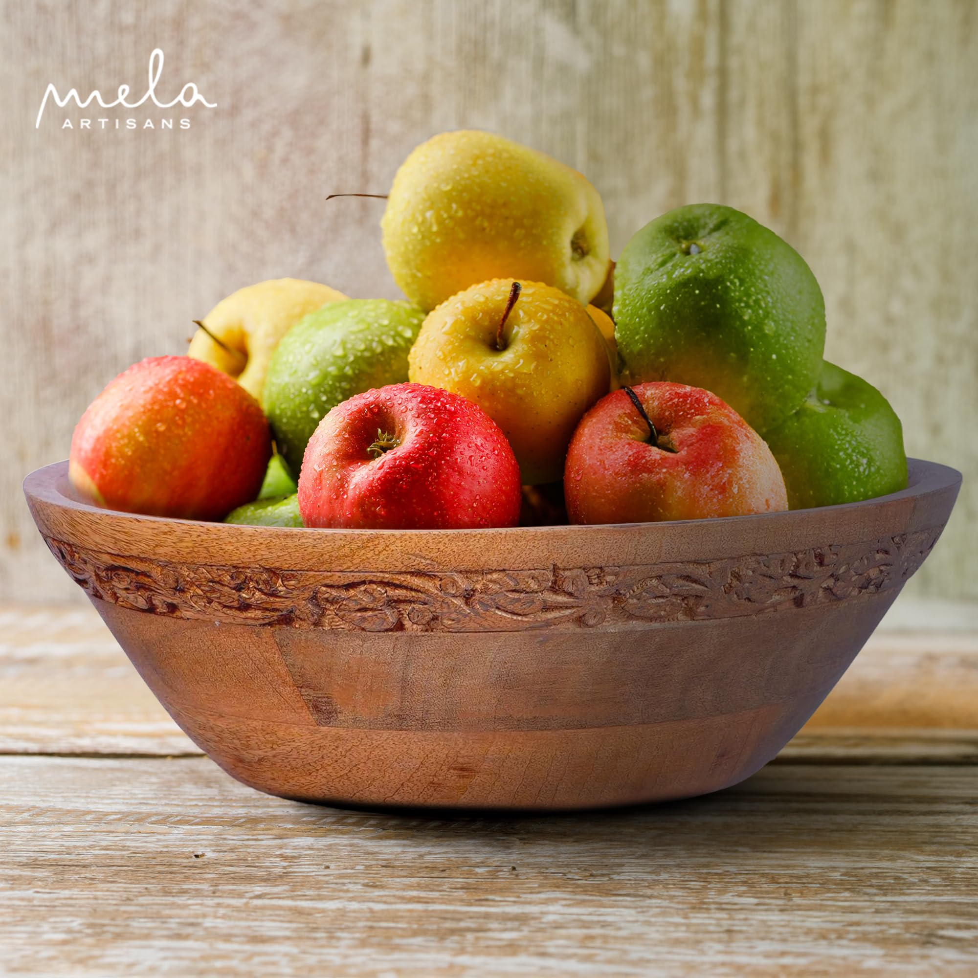 Jasmine Large Wooden Bowl (Medium Burnt, 12 x 4.5 x 11) – Mango Wood Decorative Bowl for Veggies, Fruits, & More – Handmade Wooden Serving Bowl w/ 3 Felt Pads - Modern Rustic Home Decorations