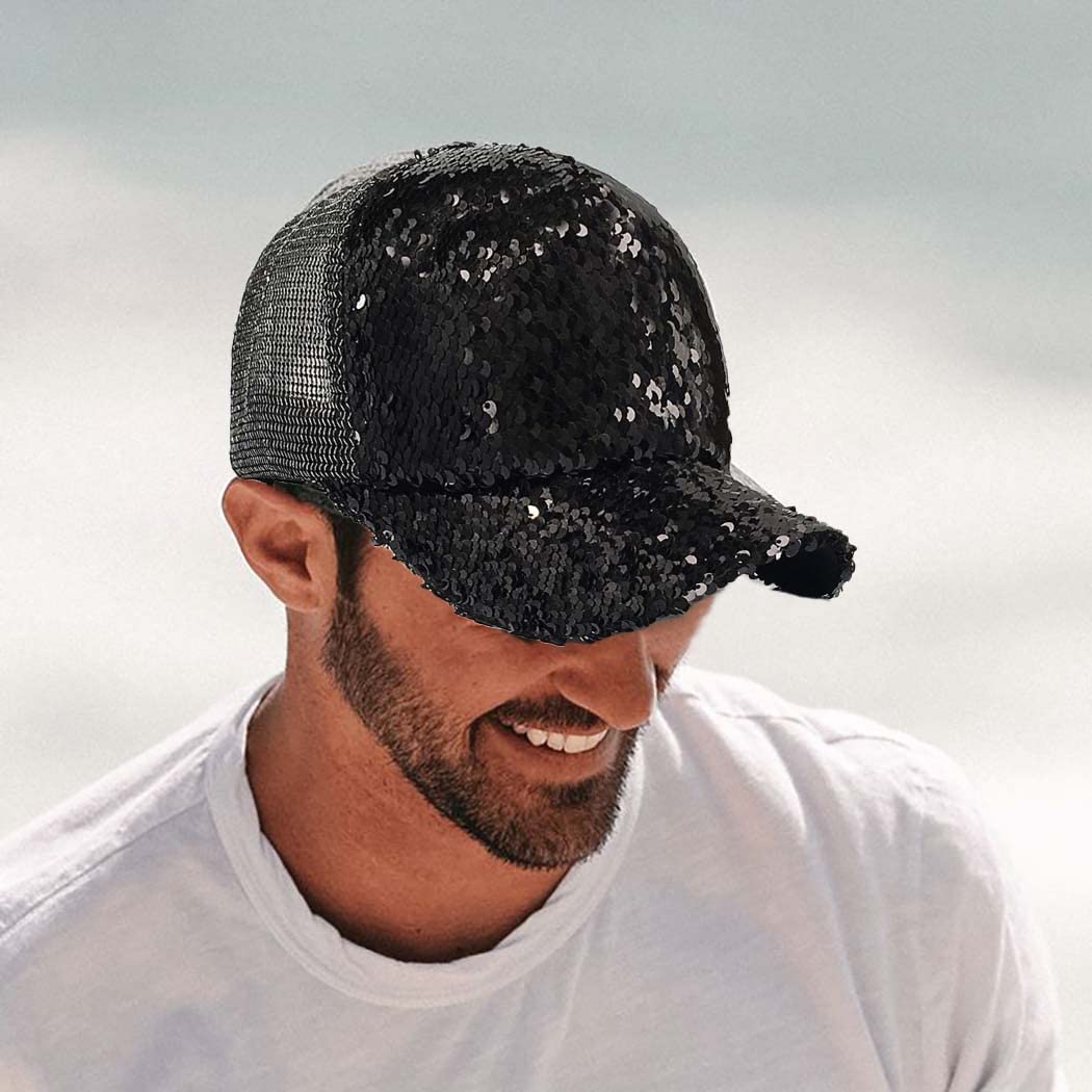 deladola Glitter Sequin Baseball Hat Women Sparkly Stylish Plain Ajustable Cap Party Festival Rave Outdoor Hats for Men Black
