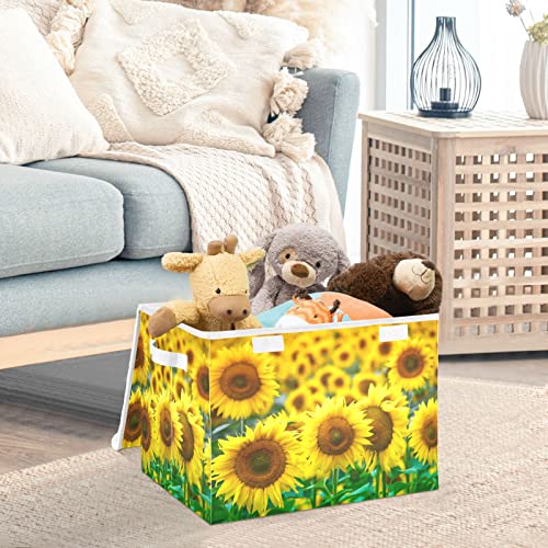 innewgogo Field Yellow Sunflowers Storage Bins with Lids for Organizing Baskets Cube with Cover with Handles Oxford Cloth Storage Cube Box for Car