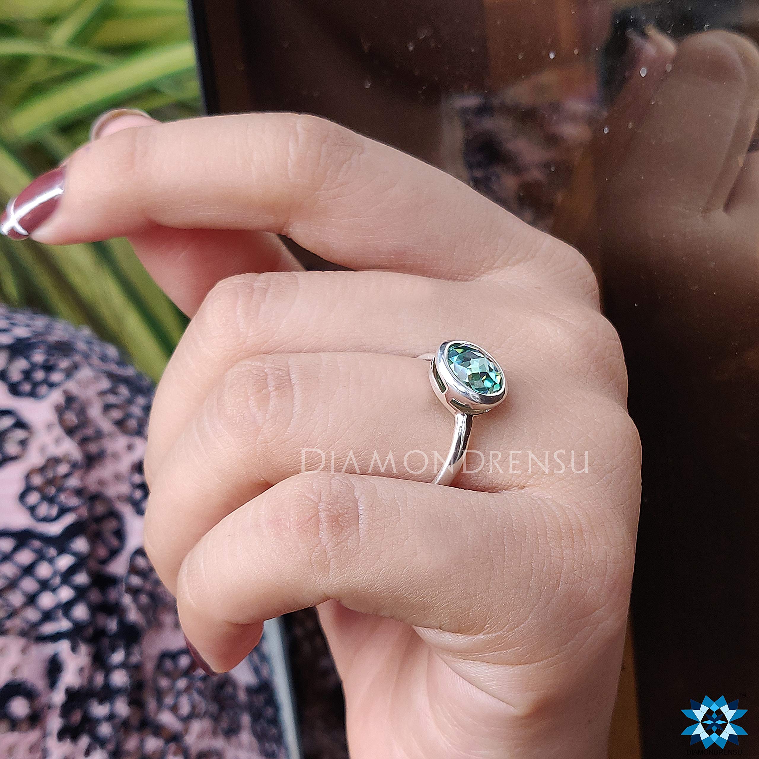 Diamondrensu Bezel Set Solitaire Ring, 2.01 CT Round Rose Cut Cyan Blue Moissanite Engagement Ring, 925 Silver, Wedding Ring, Bridal, Ring size 10 US
