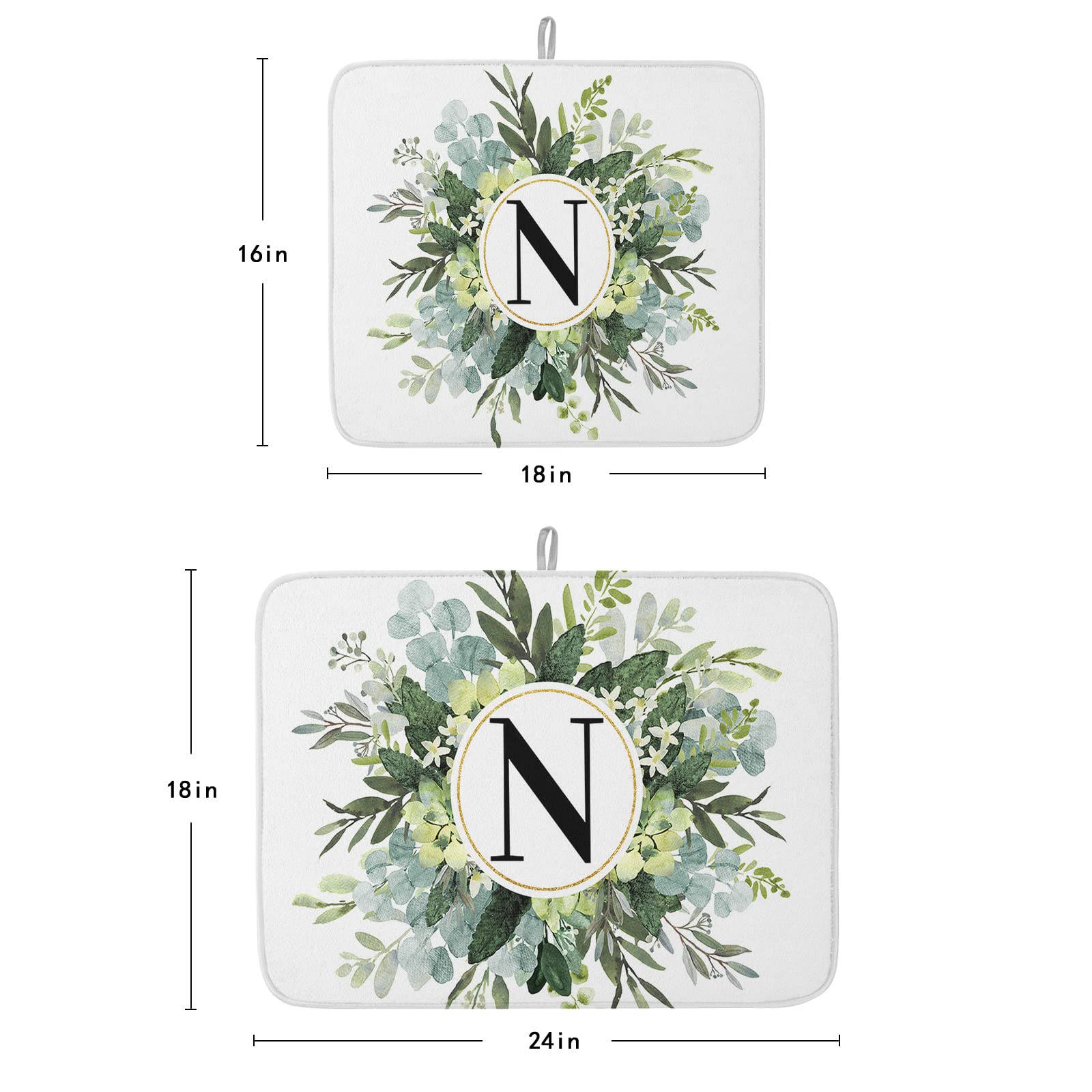 LIFEMUSION Eucalyptus Leaves Dish Drying Mat for Kitchen Counter, Monogram Letter N Baby Bottle Microfiber Drying Pad, Watercolor Teal Botanical Absorbent Coffee Cup Dishes Drainer Mats 16"x18"
