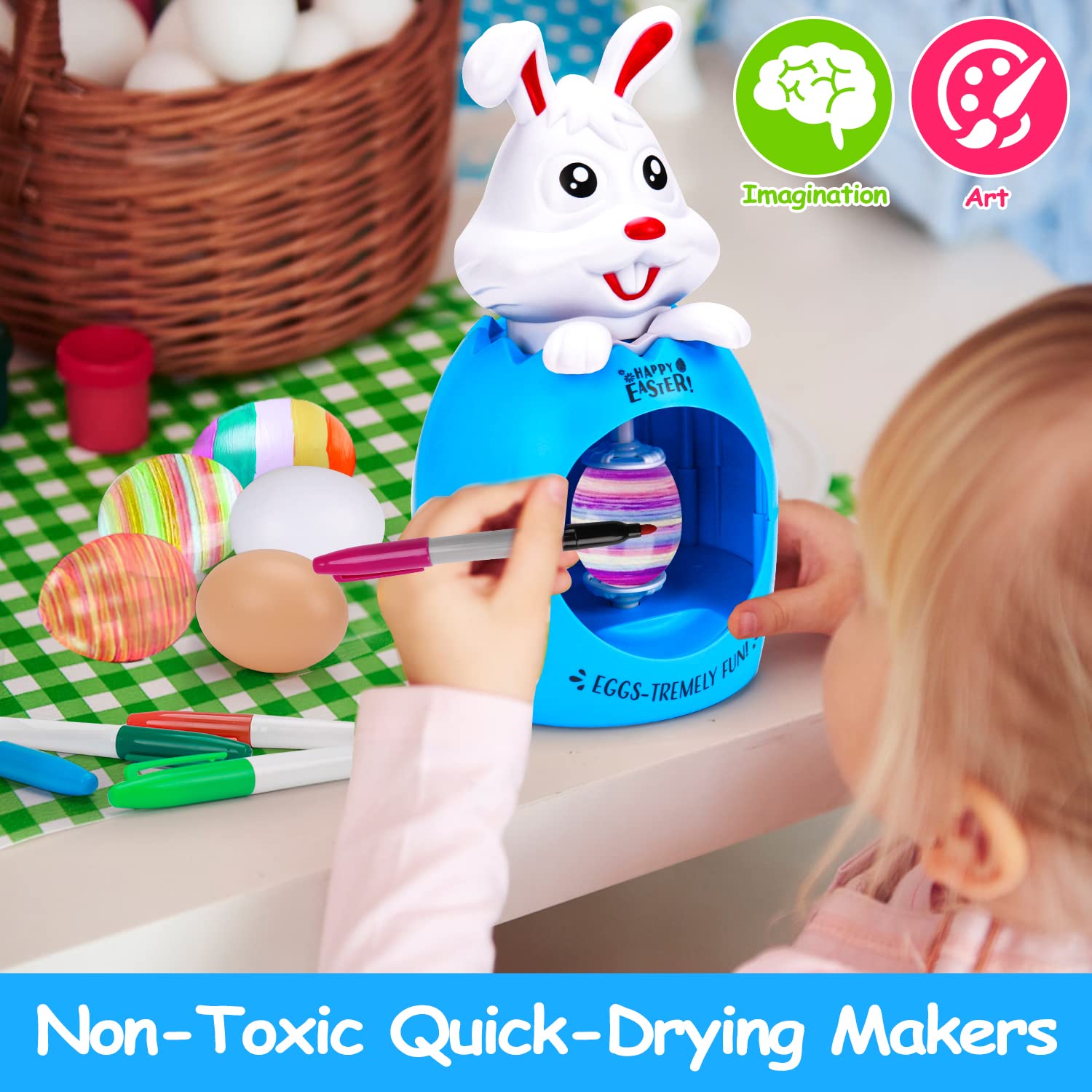 Easter Egg Decorating kit, Bunny Spinner Decorating Machine Easter Basket Stuffer Egg Fillers for Toddlers Easter Pinata Gifts Dye Craft Set with 8 Dying Marker 10 Plastic Eggs Hunt for Kids Boy Girl