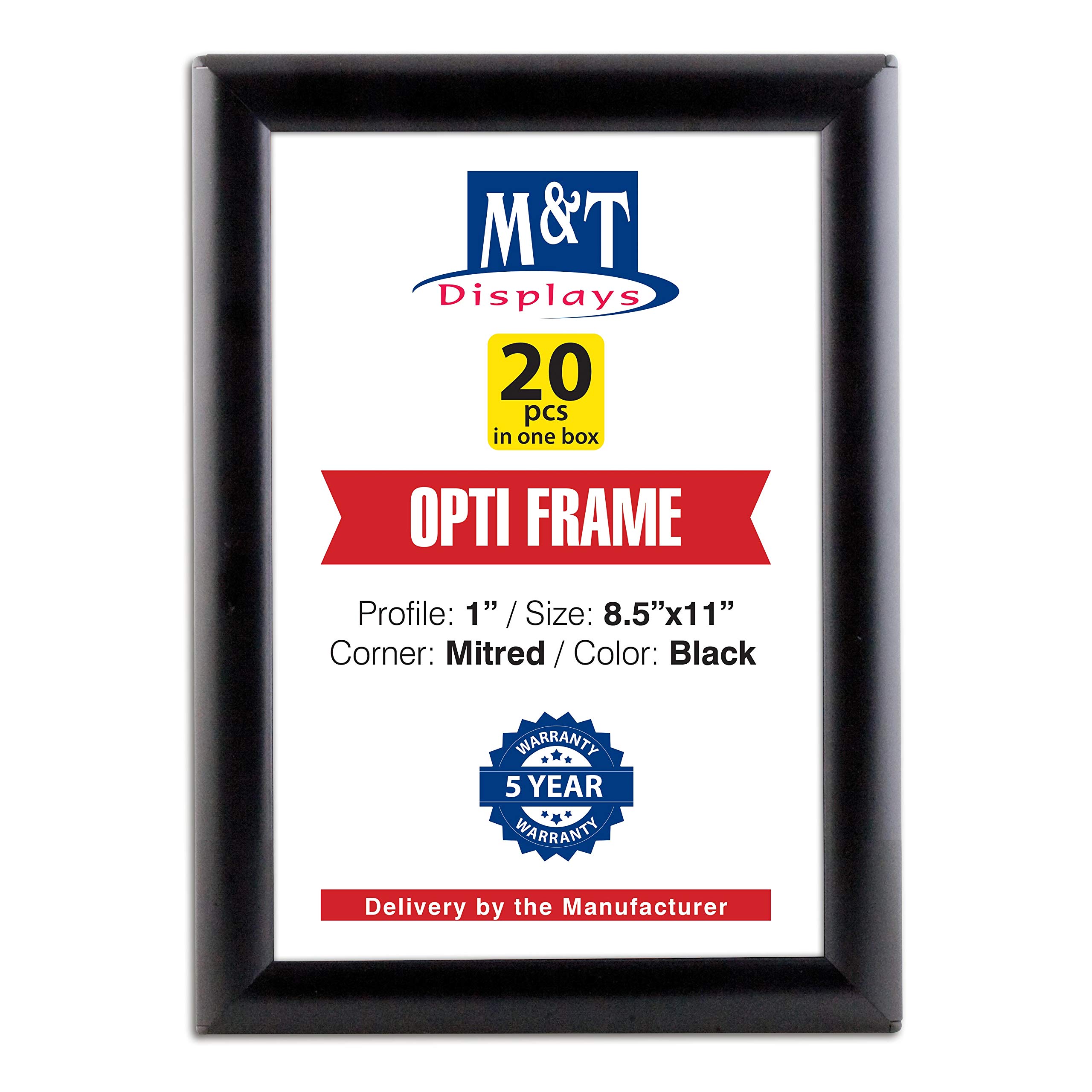 DisplaysMarket 8.5x11 Snap Frame for Wall Mount, Opti Frame, 1 inch Profile- Black, 20