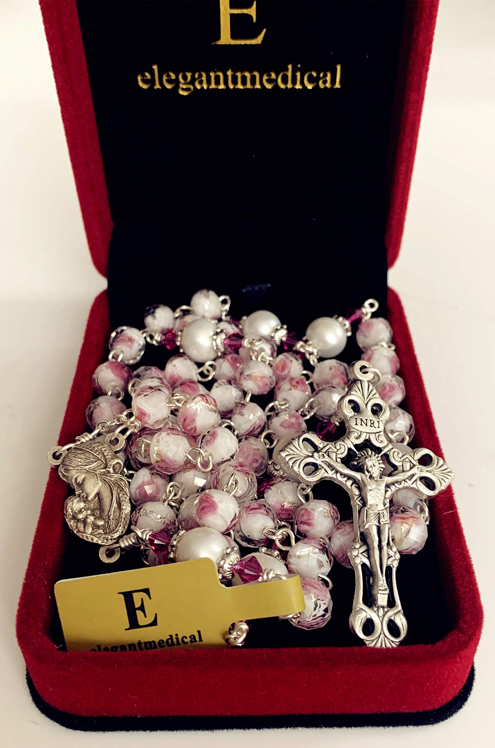 elegantmedical Handmade Veluriyam Rose Beads & Pearl Beads Rosary & Italy Cross Catholic Necklace Gift Box (pink)