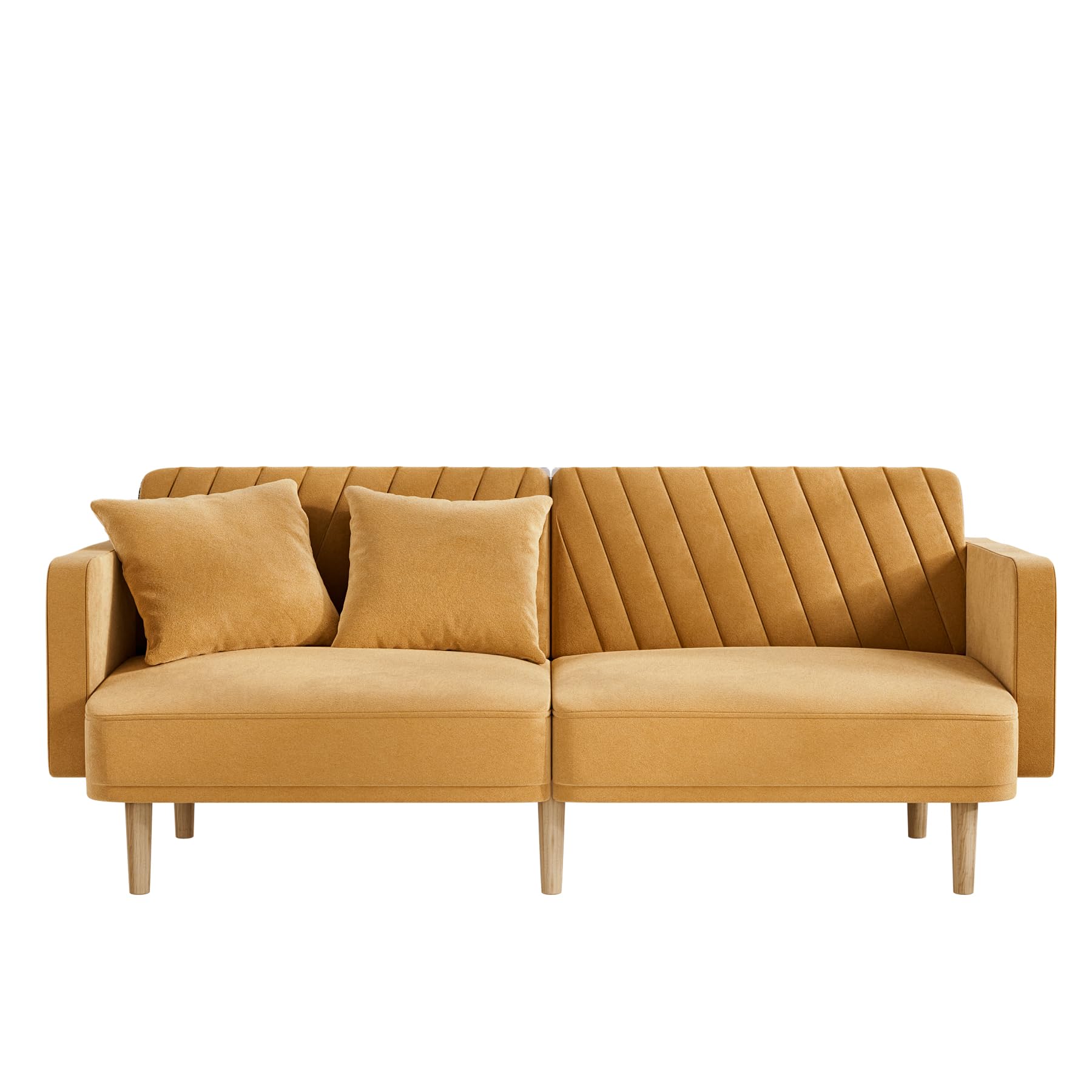 OUYESSIR Futon Sofa Bed, 75.3", Couch, Small Sofa, Sleeper Sofa, Loveseat, Mid Century Modern Velvet Futon Couch with 2 Pillows for Living Room (Yellow Velvet, Futon)