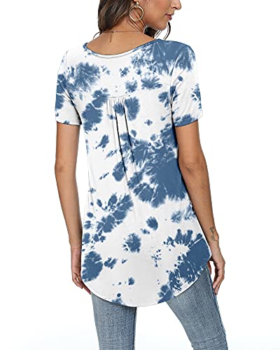 POPYOUNG Women's 2023 Spring-Summer Casual Short Sleeve Tunic Tops Ruffle Blouse T-Shirts XL, Blue Tie dye
