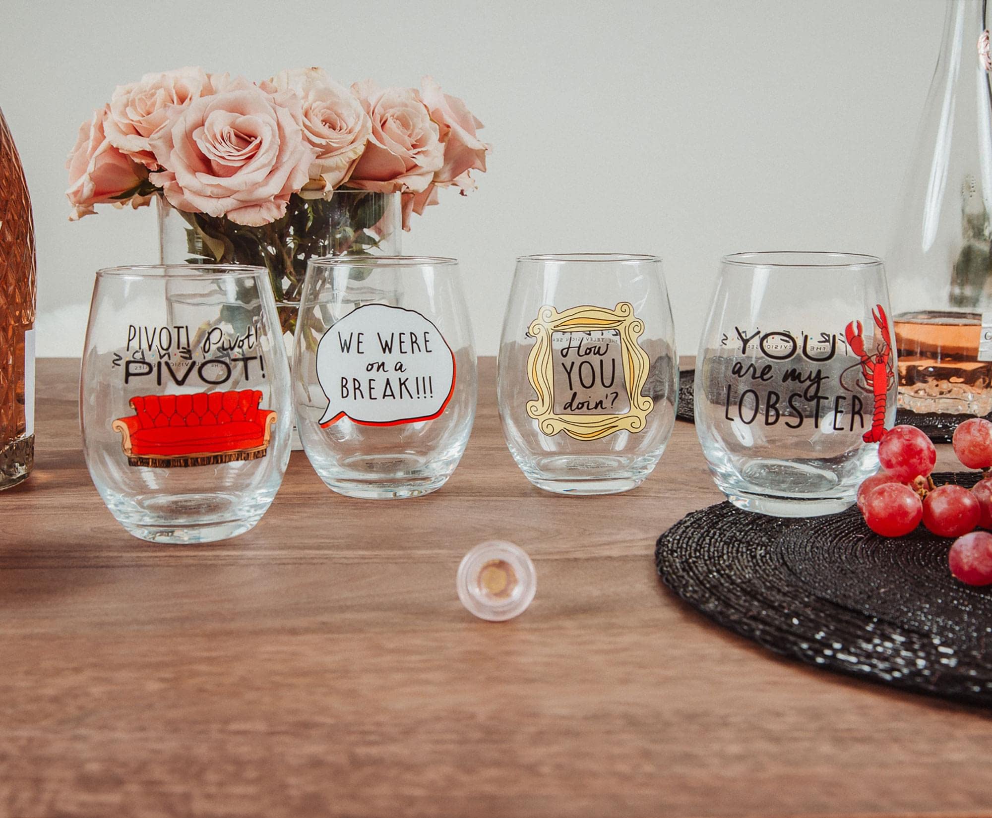 Friends TV Show Iconic Quotes Stemless Wine Glasses, Set of 4