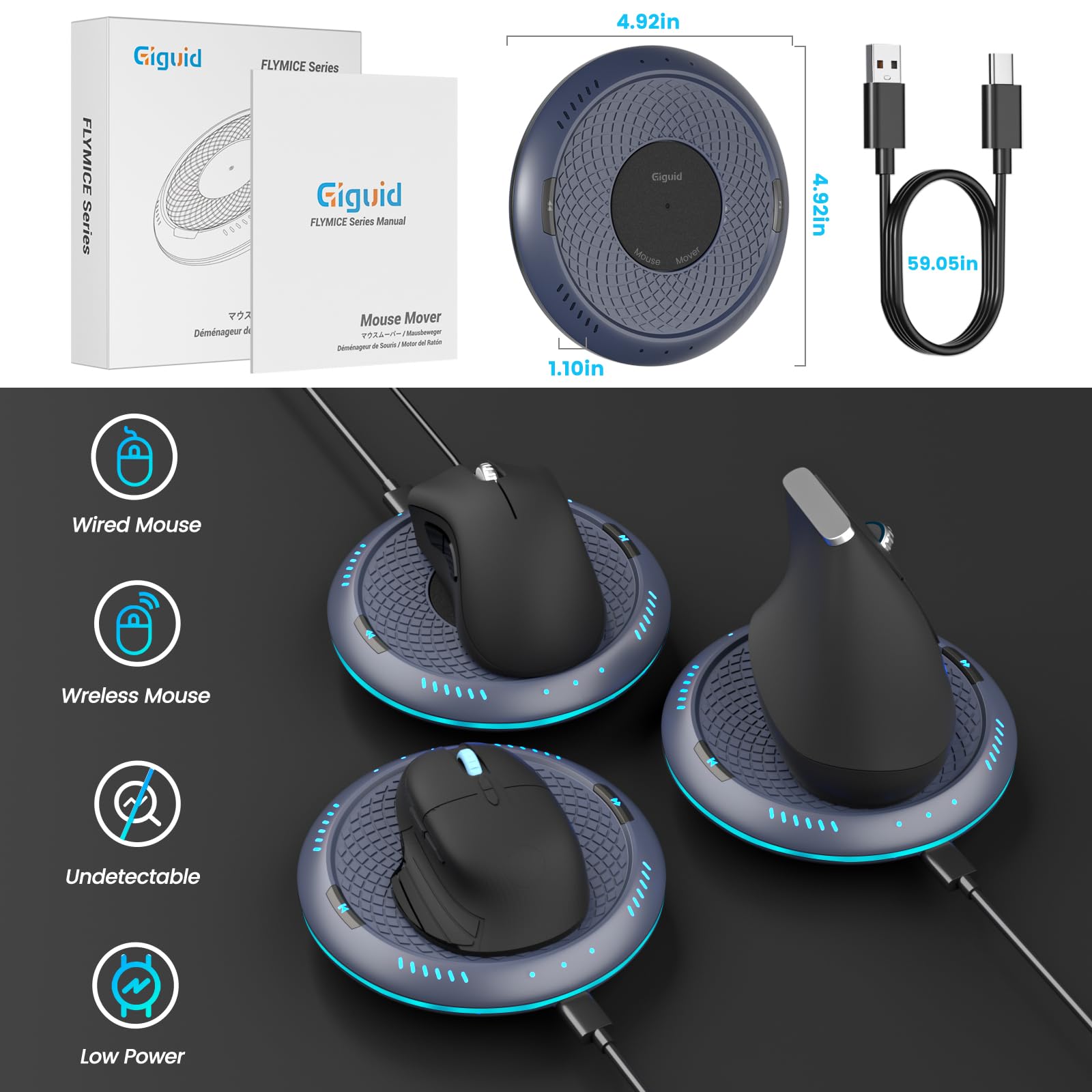 Giguid Mouse Mover Undetectable Mouse Jiggler with Timer, ON/Off Switch, Color Switchable LED Lights, Random Move Mechanical Turntable Pad - FLYMICE Series (Standard, Dark-Blue)