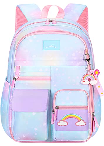 Lmeison Backpack for Girls School Backpacks for Girl Cute Bookbag Kawaii Kids School Bag Blue Rainbow Back Pack for Elementary School Middle School Teen Backpacks Casual Daypack for Travel