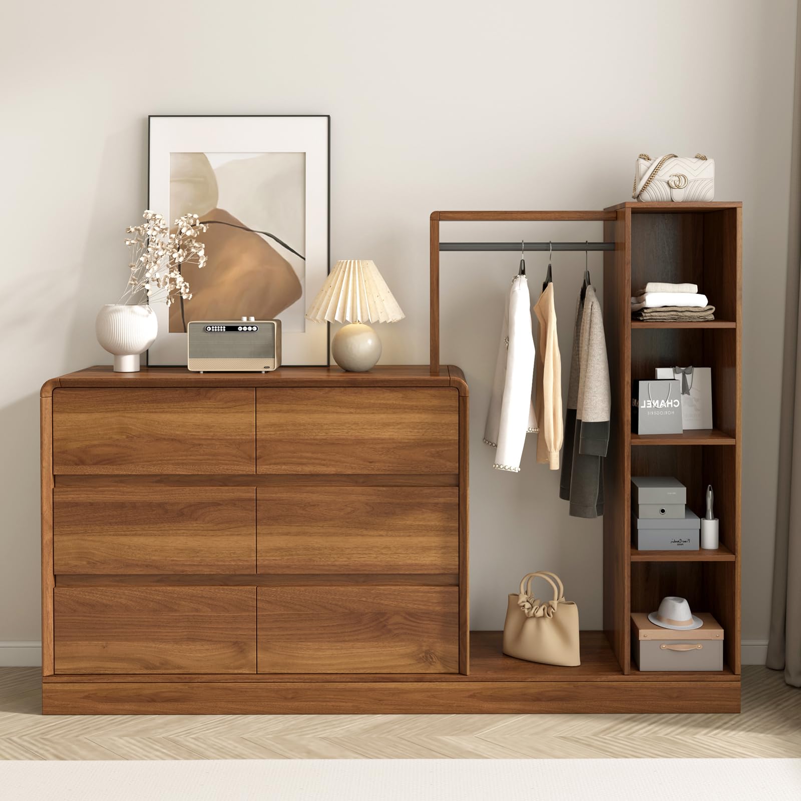 Messenya Dresser with Hanging Racks&Open Shelf Bookcase,Dresser for Bedroom with 6 Drawers Dresser with Clothes Rack, 4-Tier Bookshelf Wood Storage Unit