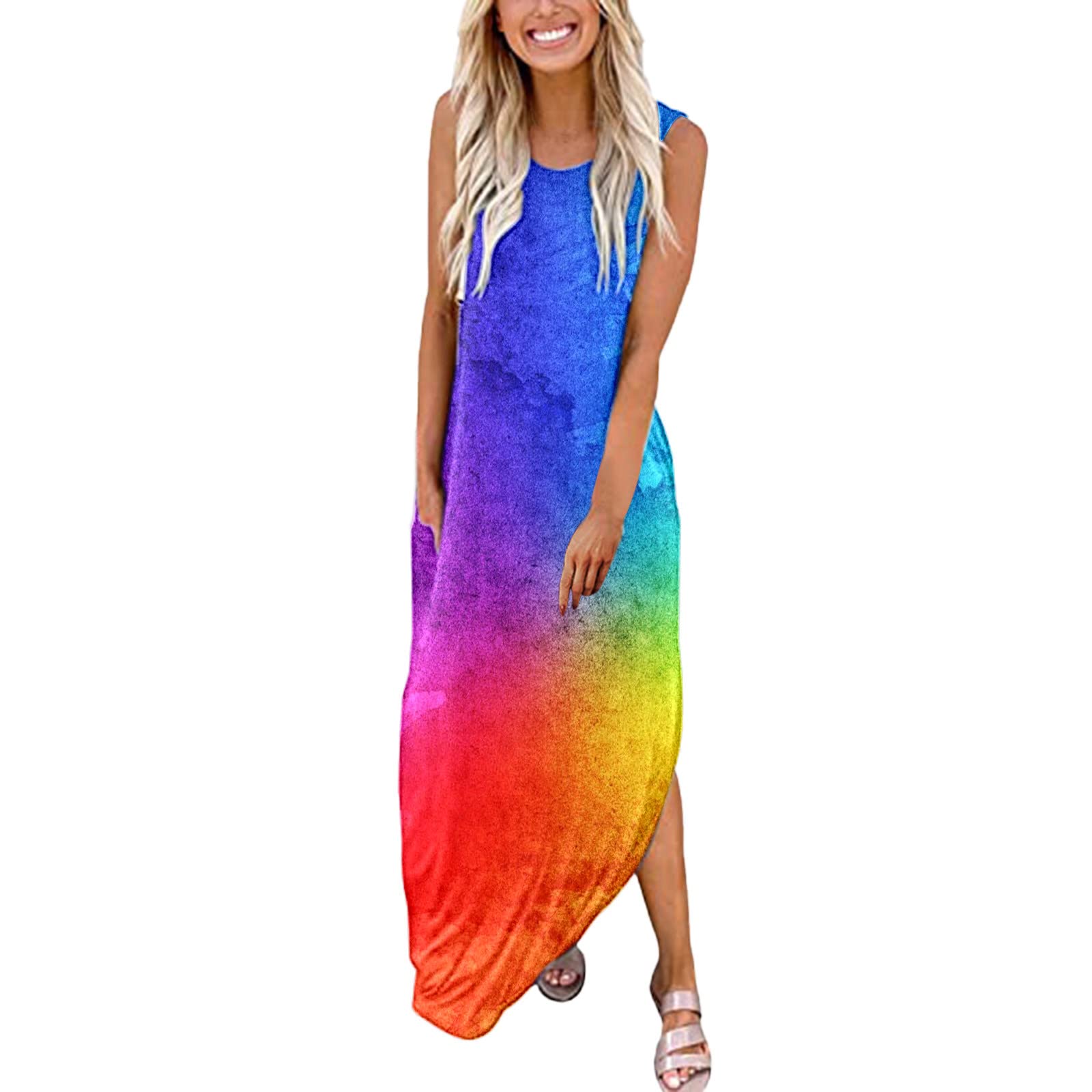 Formal Women Maxi Dress Summer Spring O Neck Dresses Sleeveless Split Long Boho Pocket Tank Beach Guest Skirts Blue