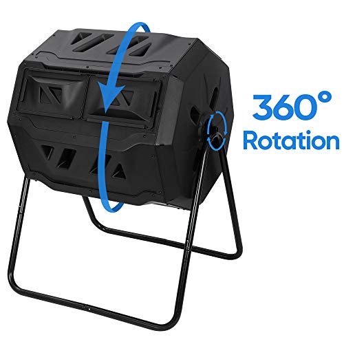 JupiterForce Dual Chambers Rotating Composting Bins, Outdoor Recycling Tumbling Composters with 2 Sliding Doors for All-Season, Garden, Yard Waste, Black(43 Gallons)