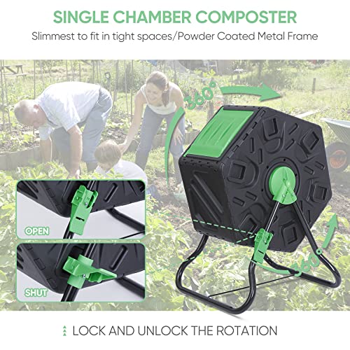 JupiterForce Tumbling Composting Bins, Heavy-Duty Compost Tumbler with Sliding Door for All Season Outdoor Gardens, Yards Waste, Black (18.5 Gallon)