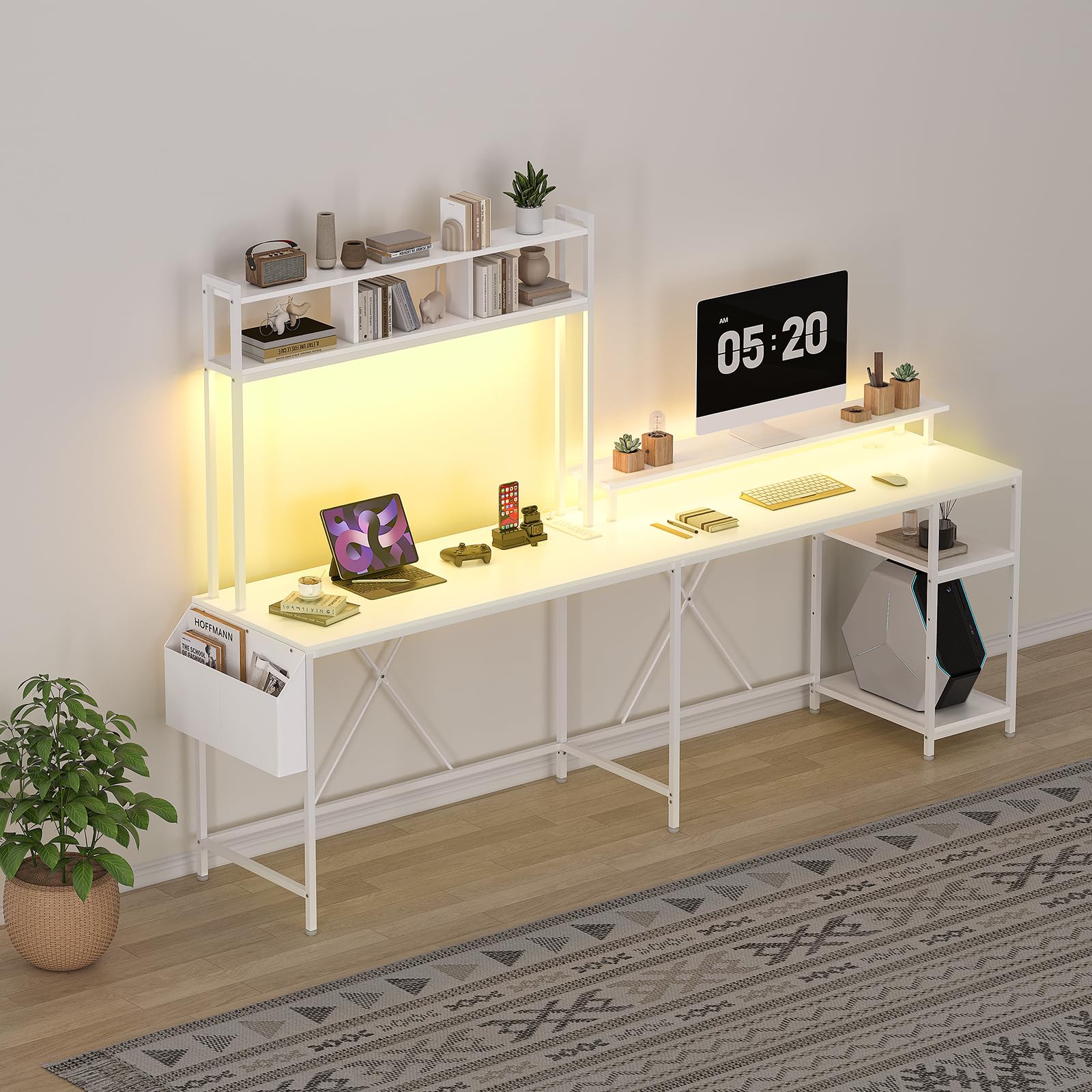 Jojoka L Shaped Computer Gaming Desk with LED Lights & Power Outlets, 67" Reversible Large L-Shaped Desk with Monitor Stand & Storage Shelves (White)