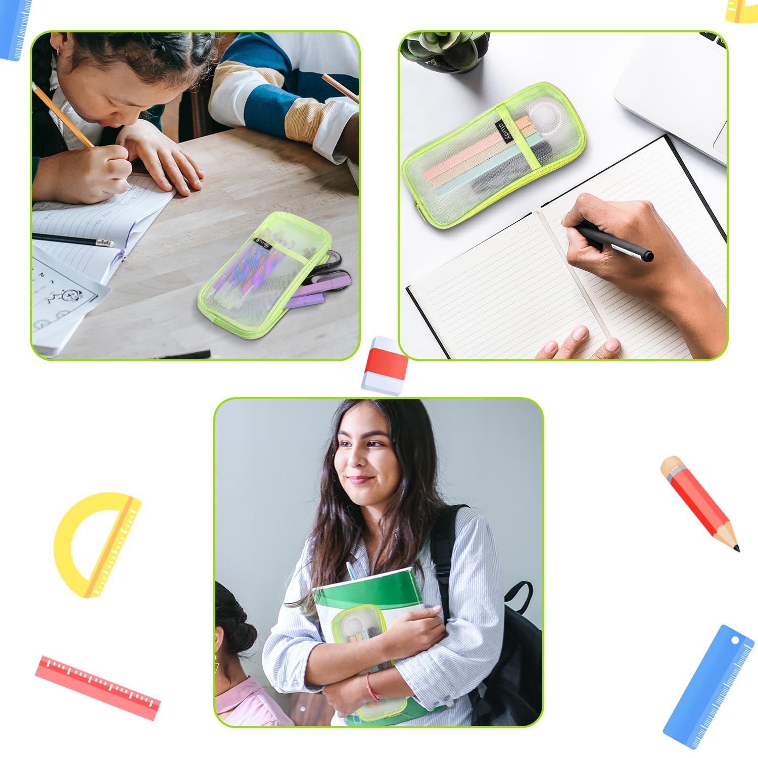 Mesh Pencil Case, Multifunctional Transparent Mesh Pencil Pouch Pencil Storage Case Stationery Pouch Pencil Zipper Case Clear Travel Makeup Pouch for Students Office Travel (Green)